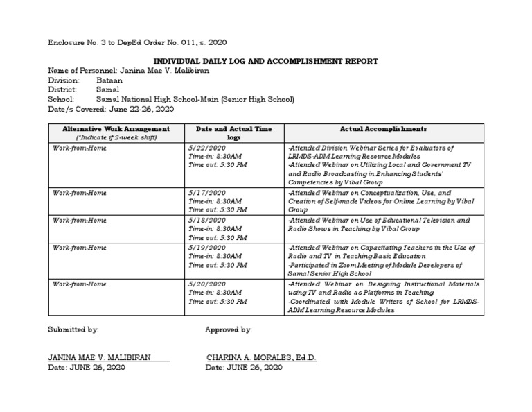 Individual Daily Log and Accomplishment Report | PDF | Education Theory ...