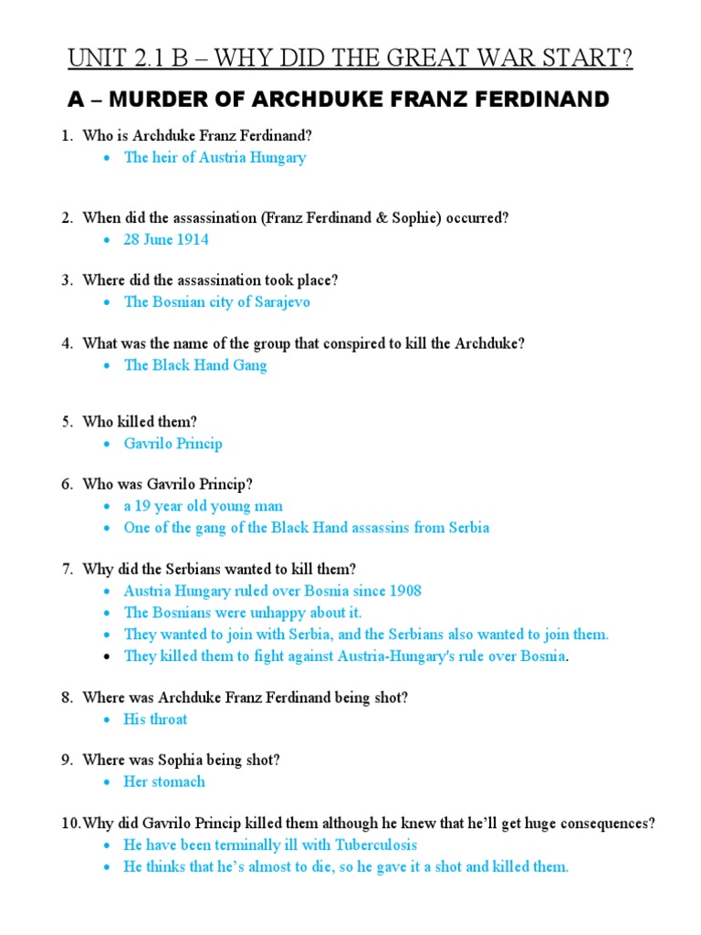 Unit 2.1 B - Why Did The Great War Start?: A - Murder of Archduke Franz ...
