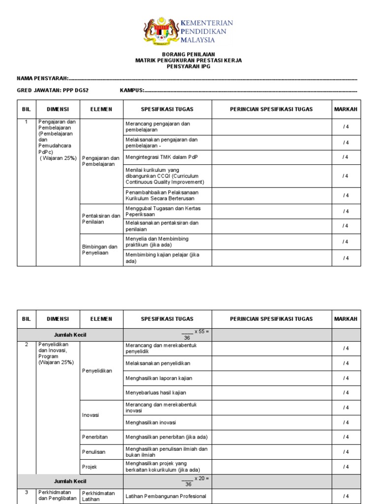 Borang Penilaian DG52 Baru | PDF