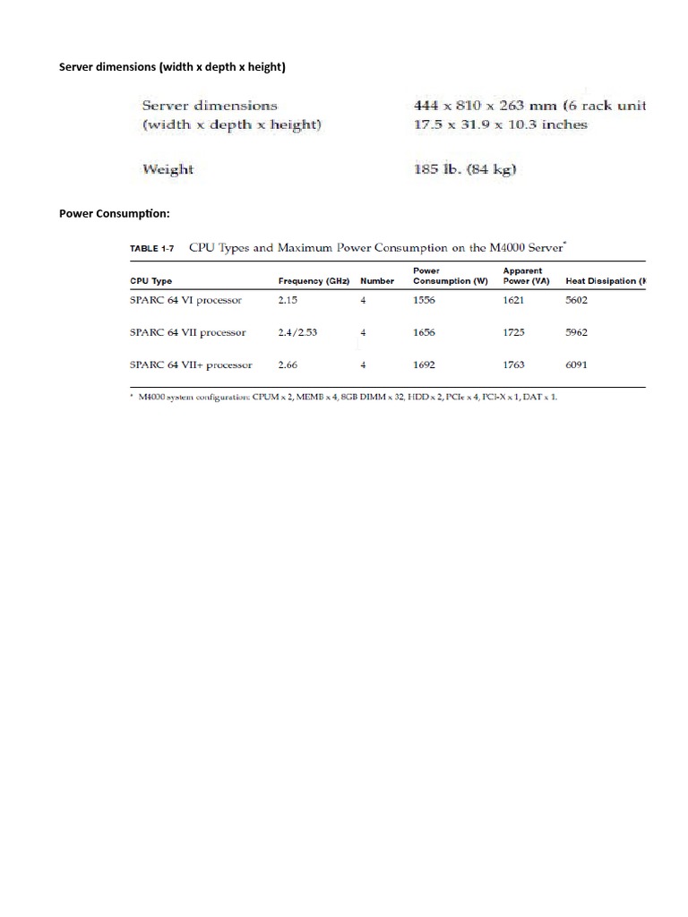 Oracle M4000 Dual Core - Power & Dimension | PDF