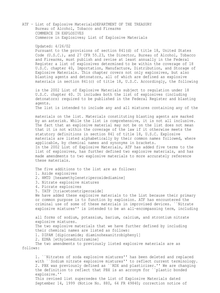 ATF - List of Explosive Materials | PDF | United States Code | Bureau ...