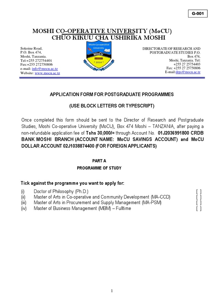 Joint Mocu-Daad Application Form For Postgraduate Programmes-2017 PDF ...