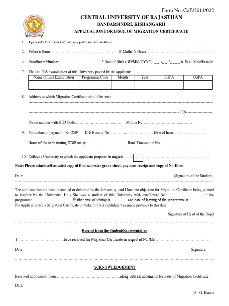 Application For Issue of Migration Certificate | PDF | Business