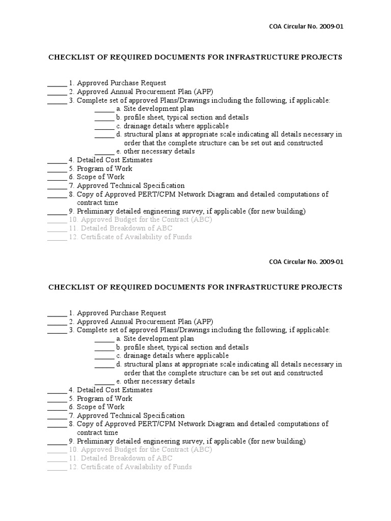 Checklist of Required Documents For Infrastructure Projects | Download ...