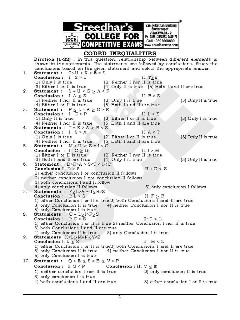 Reasoning - Coded Inequalities | PDF | Inequality (Mathematics) | Logic