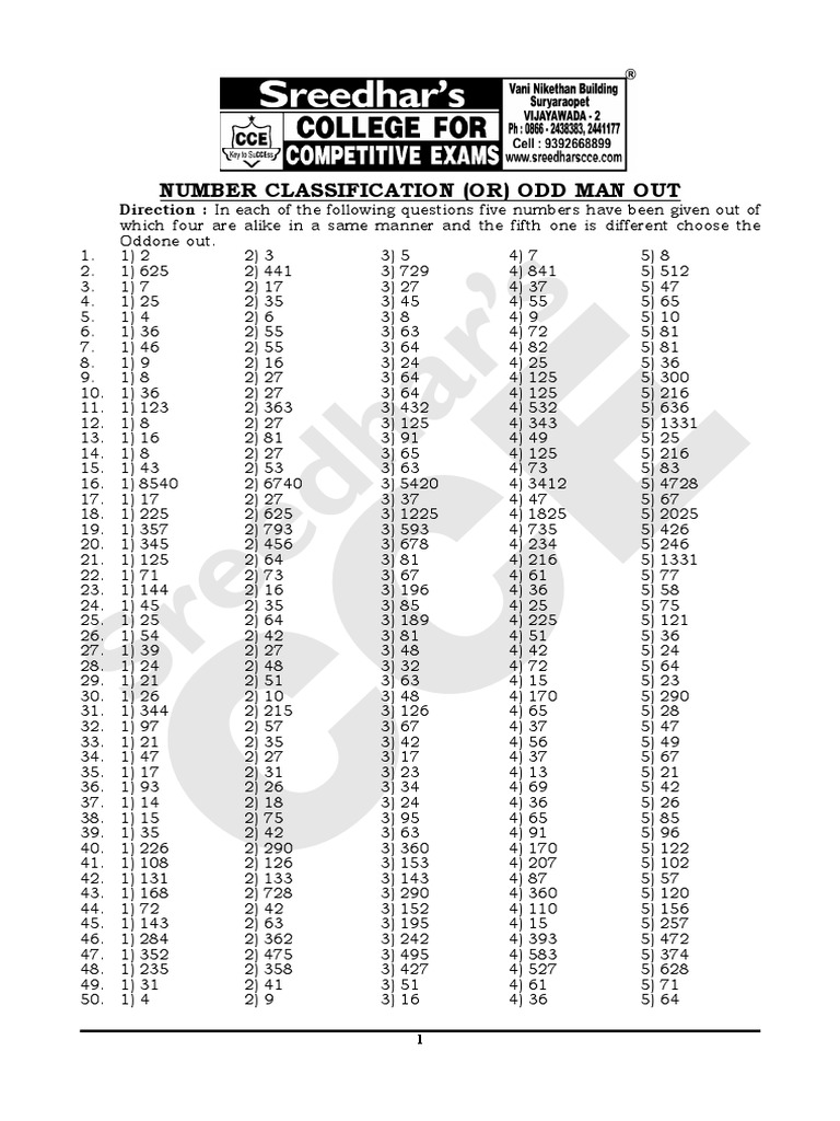 Reasoning - Number Classification or Odd Man Out PDF | PDF | Teaching ...