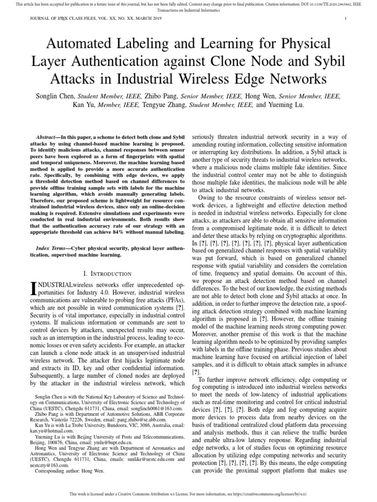 Automated Physical Layer Authentication Against Clone and Sybil Attacks in Industrial Wireless ...