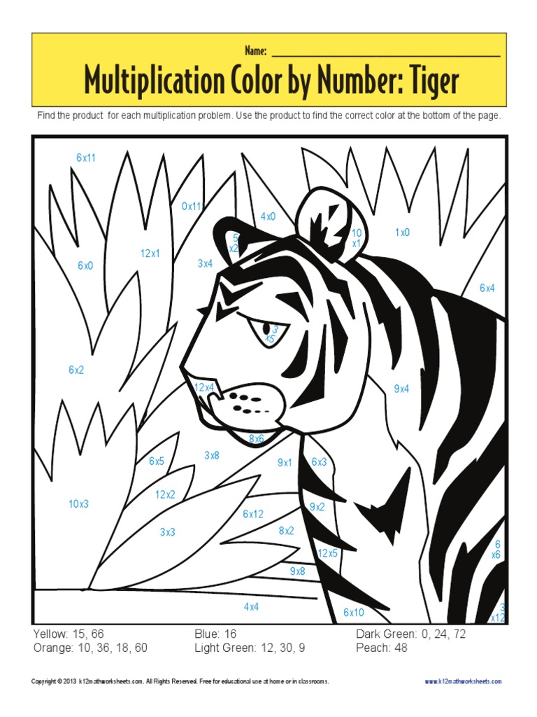 Multiplication Color by Number: Tiger: Name | PDF | Vision | Artistic ...