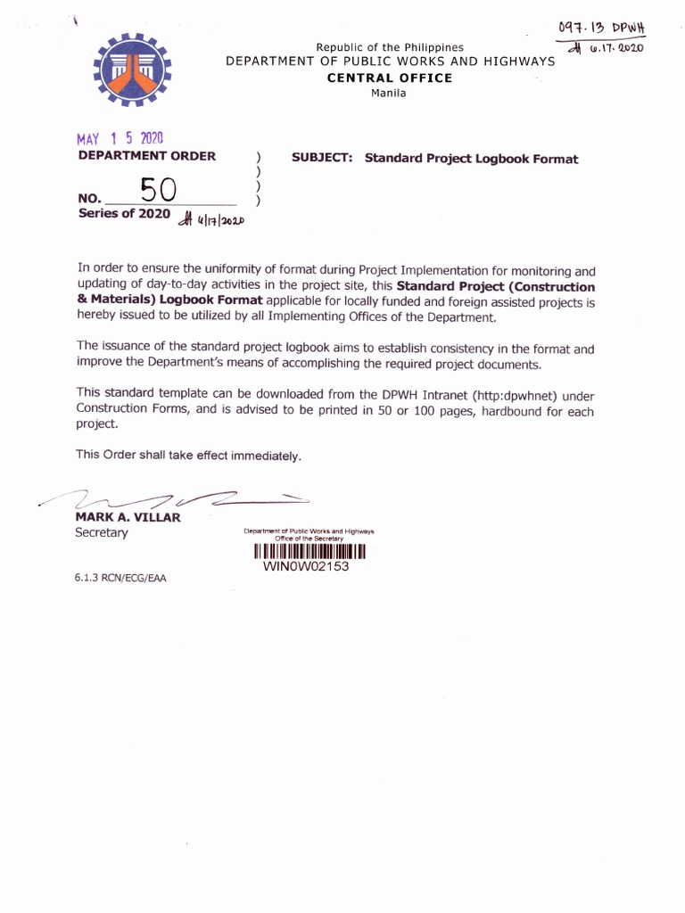 DO - 50 - s2020 DPWH LOGBOOK | PDF | Quality Assurance | Economic Sectors