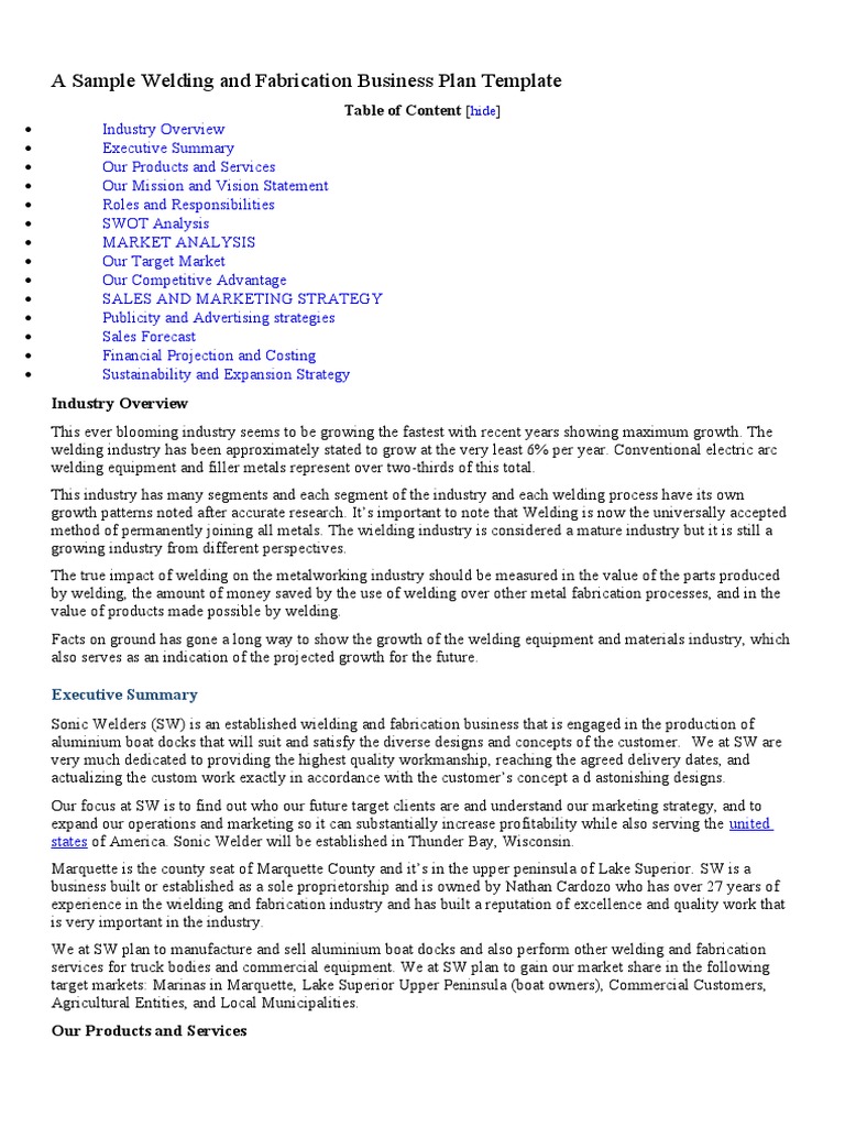Welding and Fabrication Business Plan | PDF | Welding | Construction