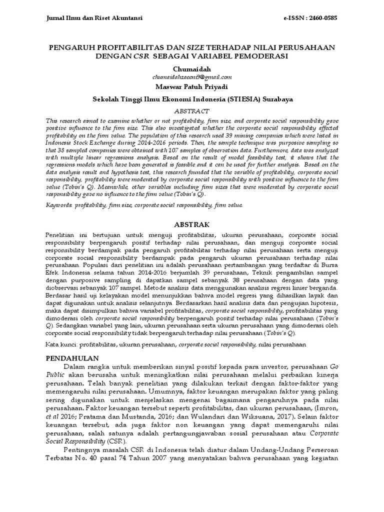 Pengaruh Profitabilitas Dan Size Terhadap Nilai Perusahaan Dengan CSR Sebagai Variabel ...