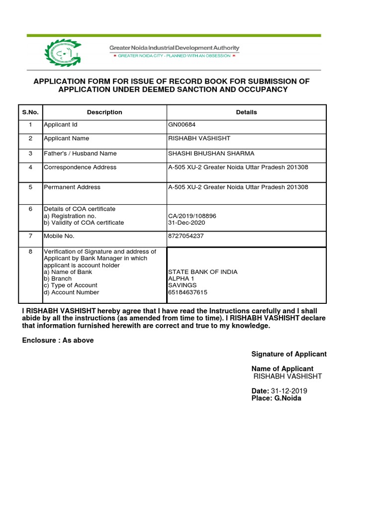 Application Form For Issue of Record Book For Submission of Application ...