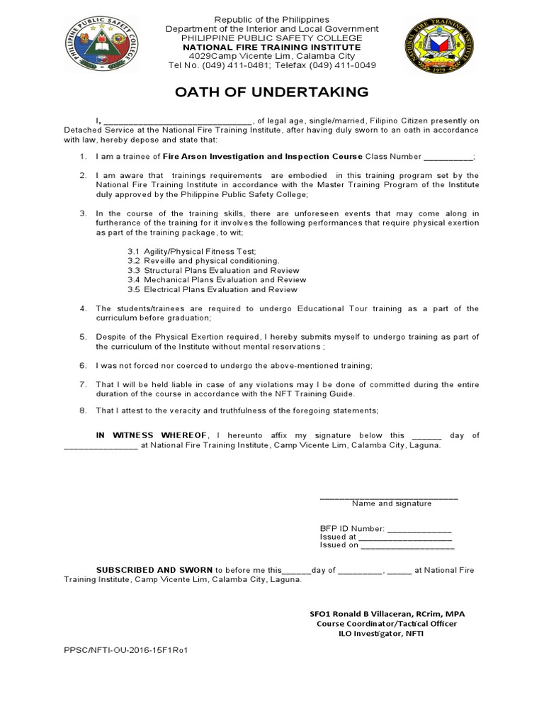 Oath of Undertaking: National Fire Training Institute | PDF ...