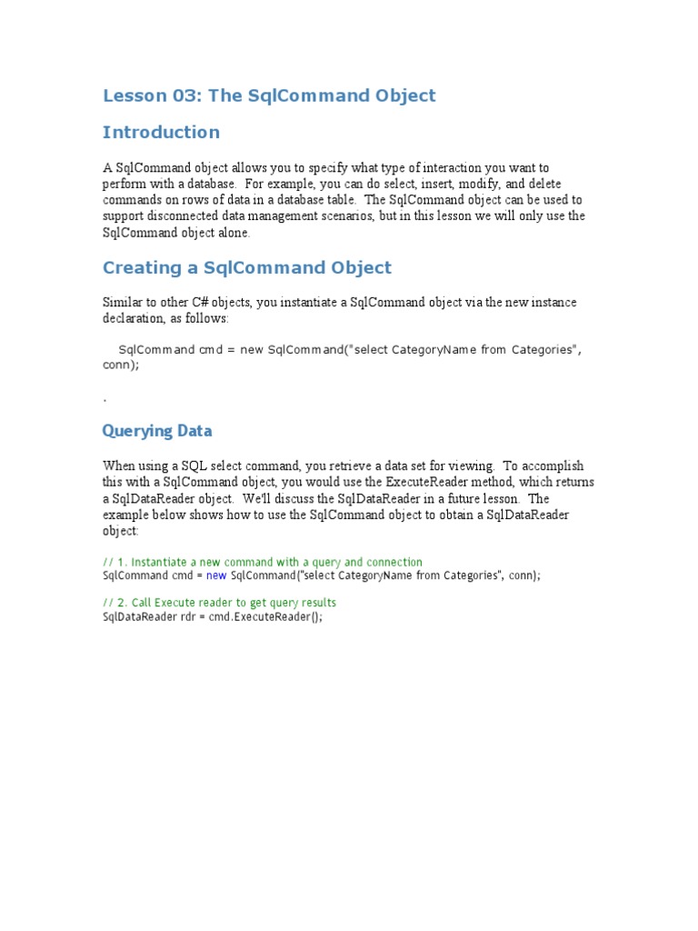 Lesson 03 The Sqlcommand Object Sqlcommand Cmd New Sqlcommand Select Categoryname From 3465