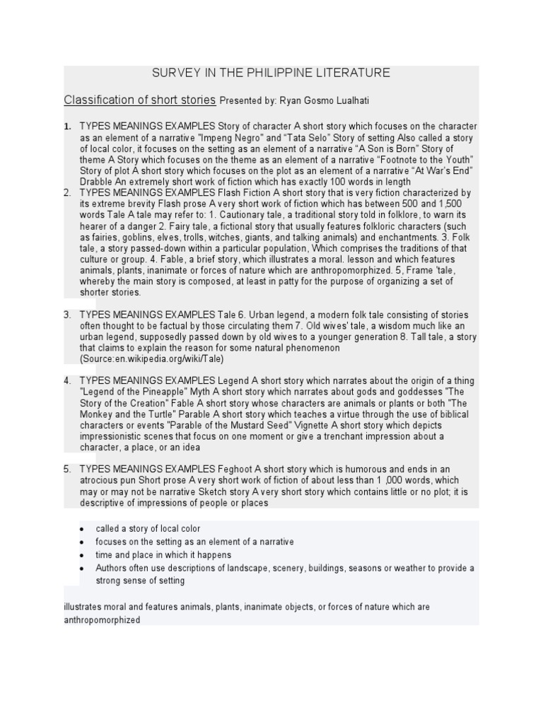 Classification of Short Stories | PDF | Essays | Novels