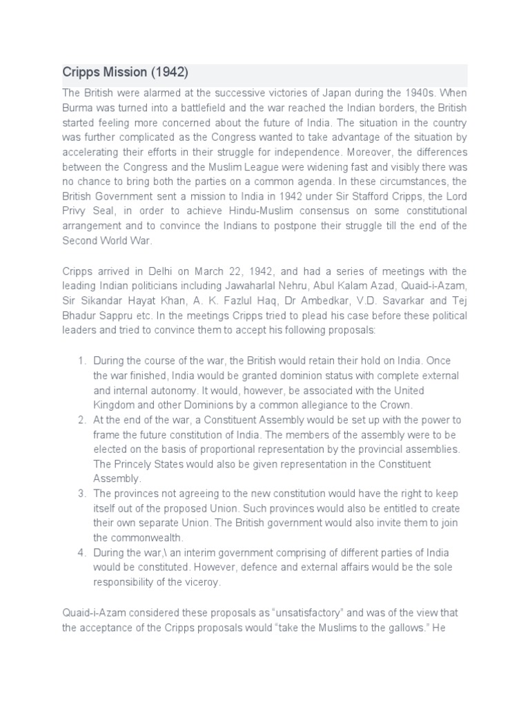 Cripps Mission (1942) Pakistan Studies (2059 P1) | PDF | Muhammad Ali ...