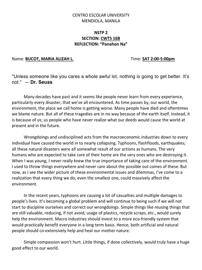 Bucot - NSTP 2 - Reflection Panahon Na-1 | PDF | Natural Environment | Disaster And Accident