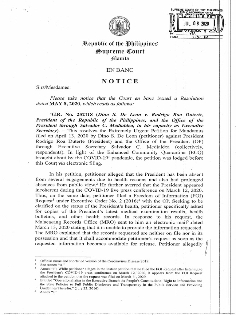 Supreme Court decision and dissenting opinions in Duterte health petition
