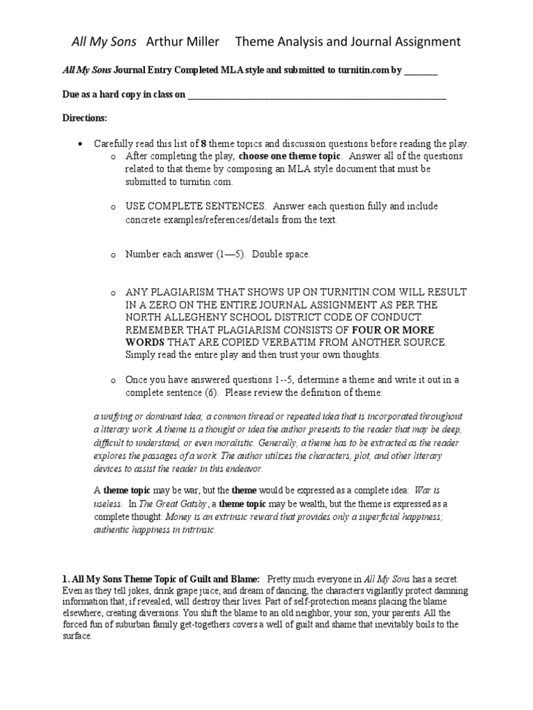 All My Sons Arthur Miller Theme Analysis and Journal Assignment | PDF ...
