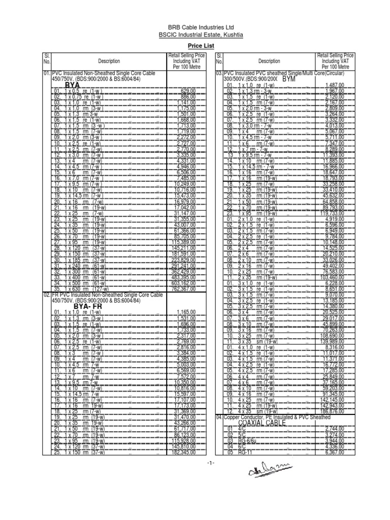 BRB Cable Price List | PDF | Electrical Equipment | Electrical Components