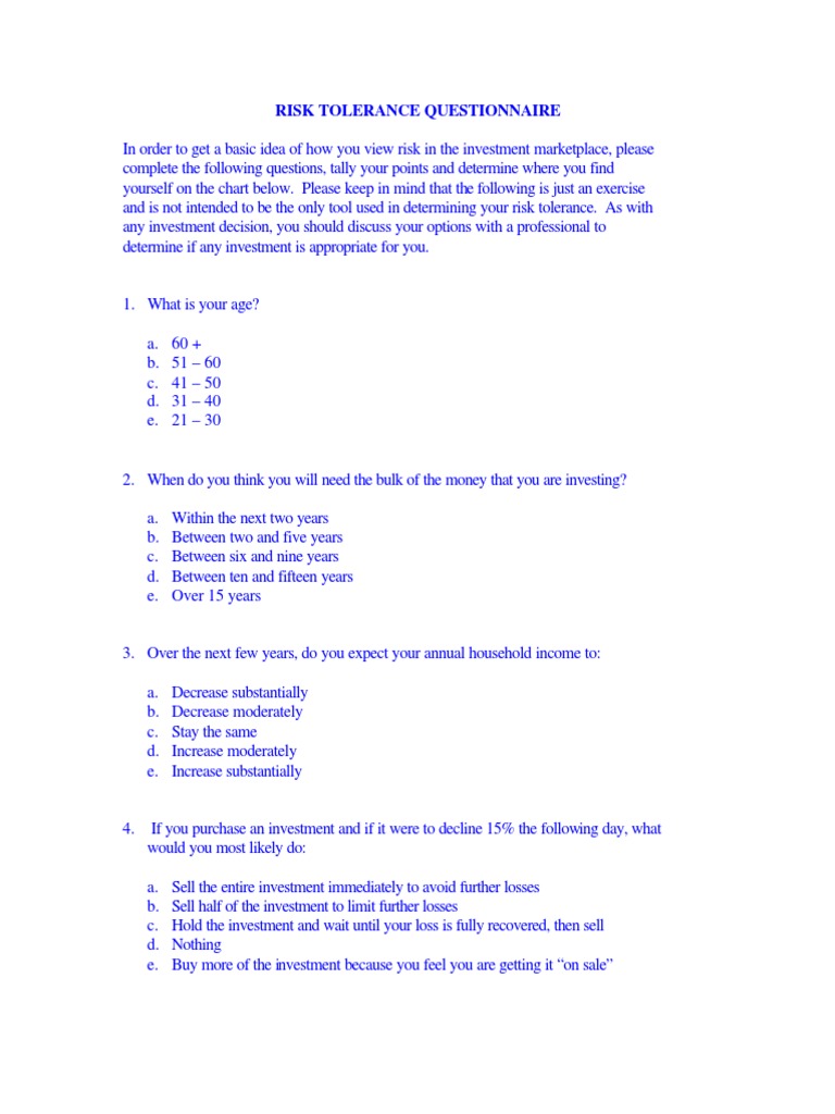 Risk Tolerance Questionnaire | PDF | Bonds (Finance) | Investing