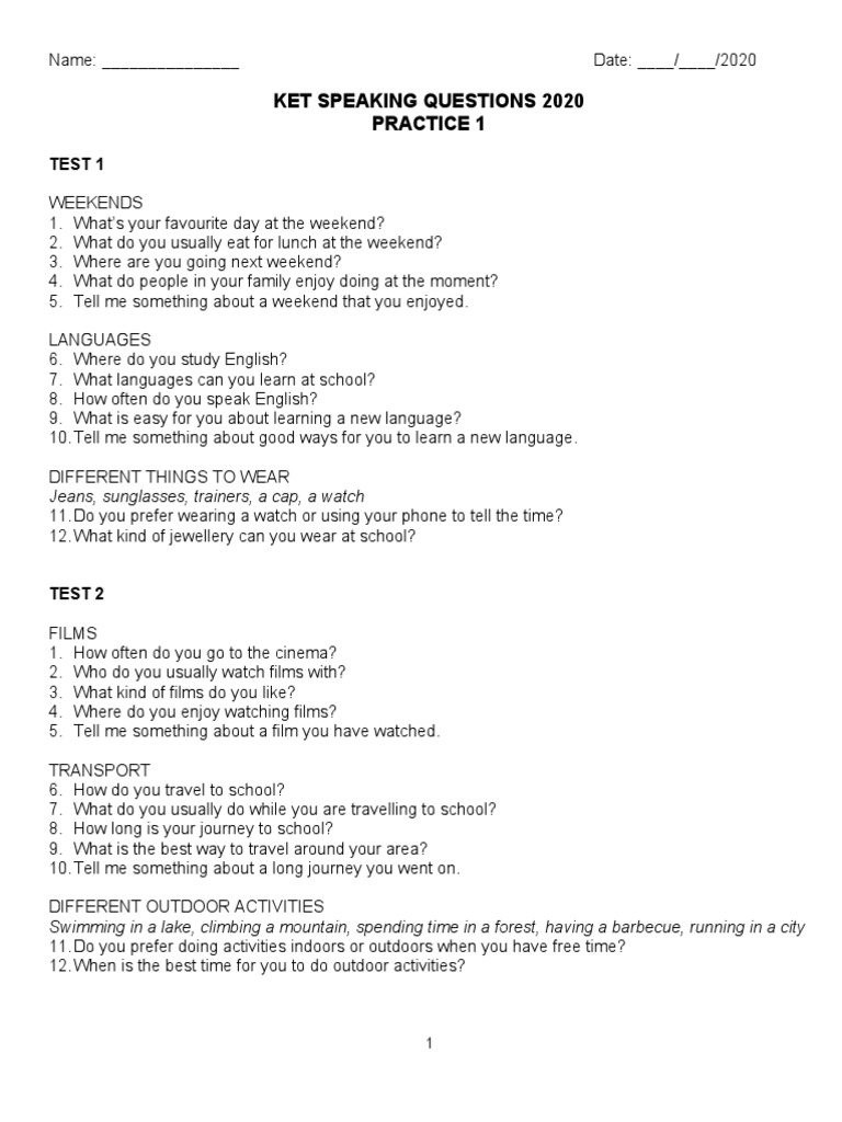 Ket Speaking Questions 2020 Practice 1 (Cambridge) | PDF | Foods