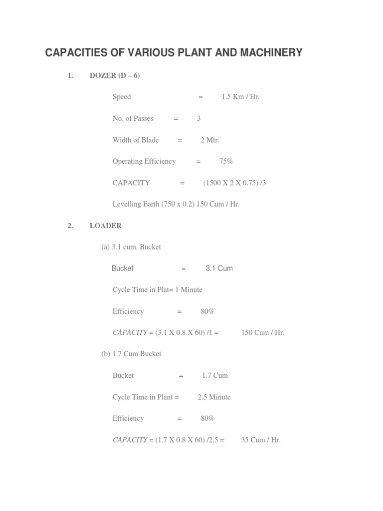 Capacities of Various Plant and Machinery | PDF | Construction ...