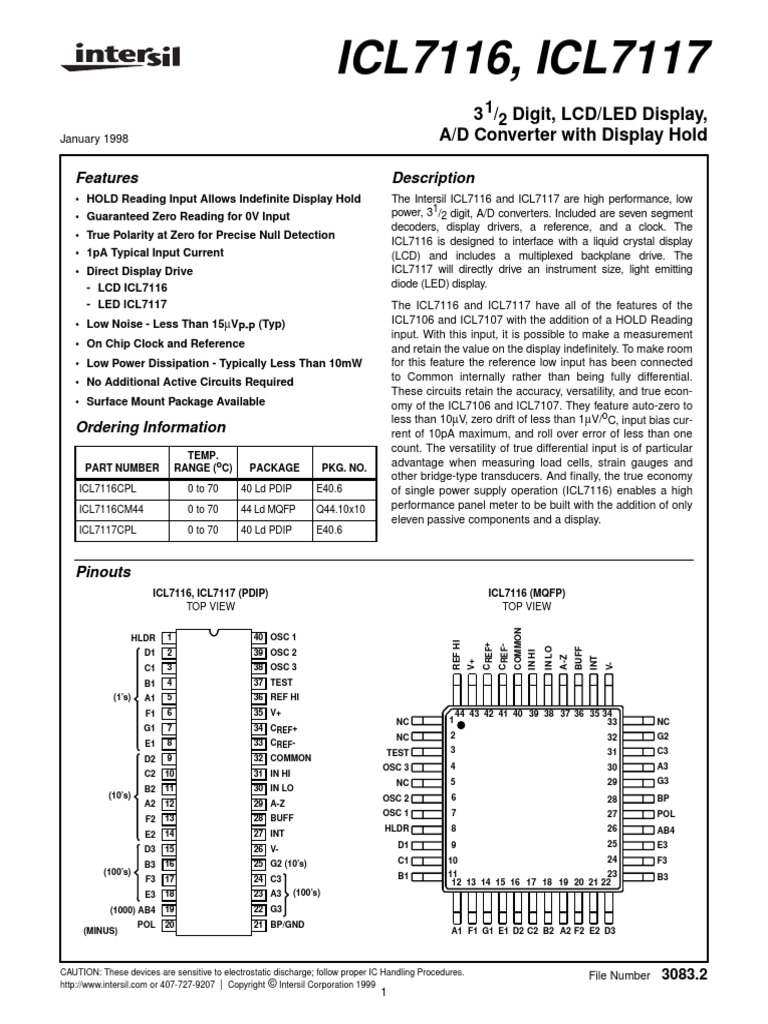 ICL7116, ICL7117: 3 / Digit, LCD/LED Display, A/D Converter With ...