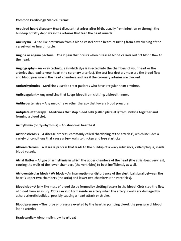 Cardiology Terms Glossary | PDF | Heart | Myocardial Infarction