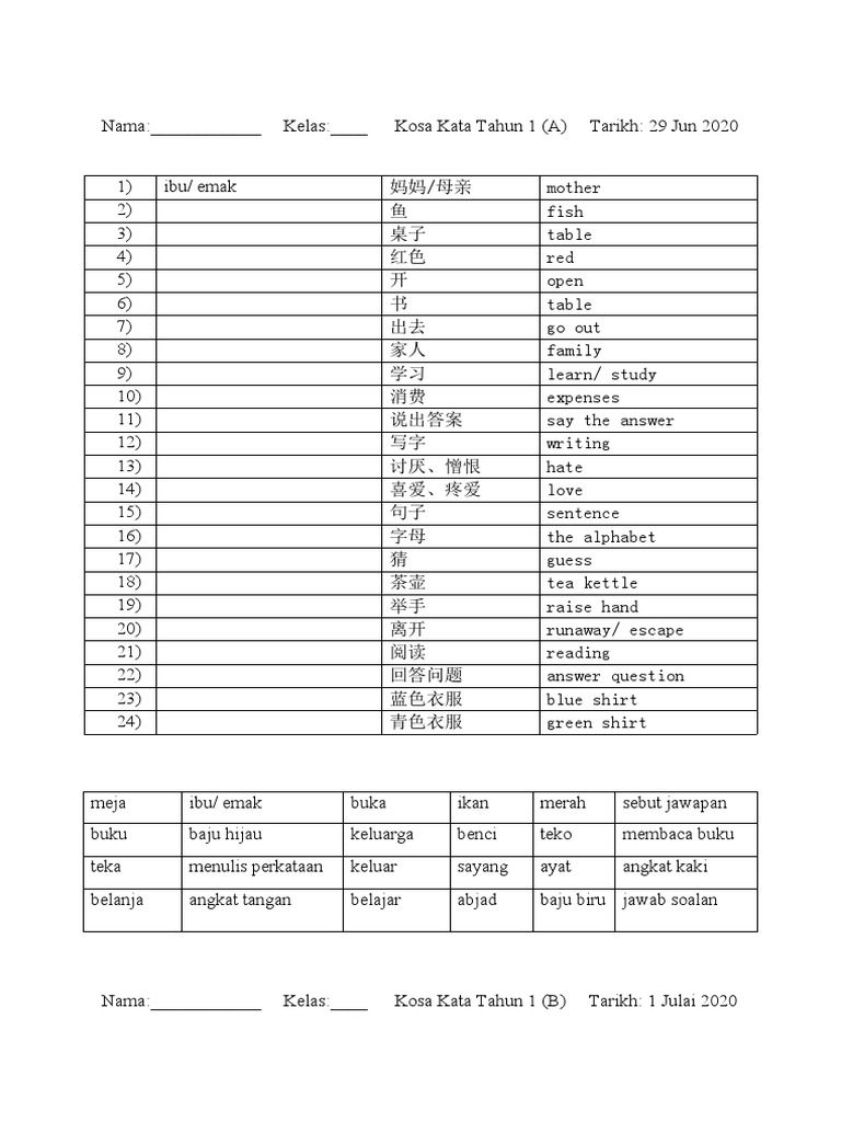 Kosa Kata Tahun 1 | PDF