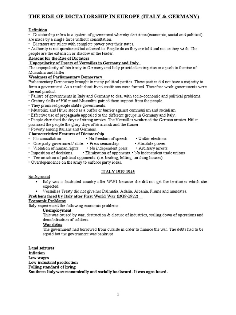 The Rise of Dictatorship in Europe (Italy & Germany) | PDF | Benito ...