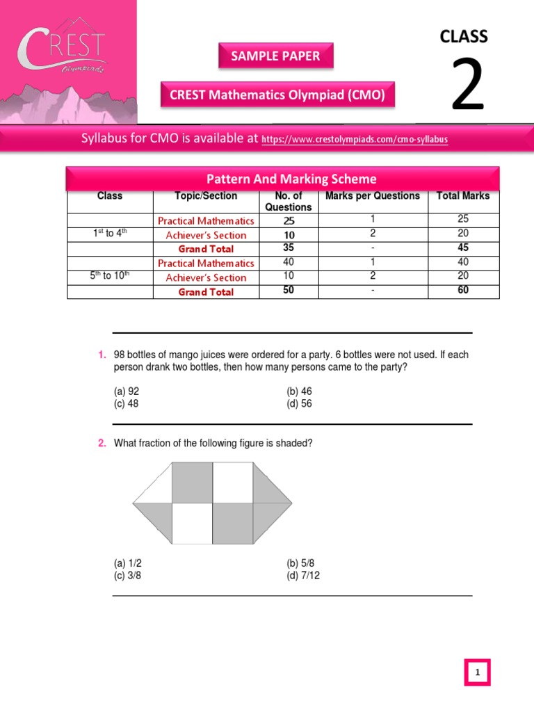 CMO Sample Papers For Class 2 | PDF | Teaching Mathematics
