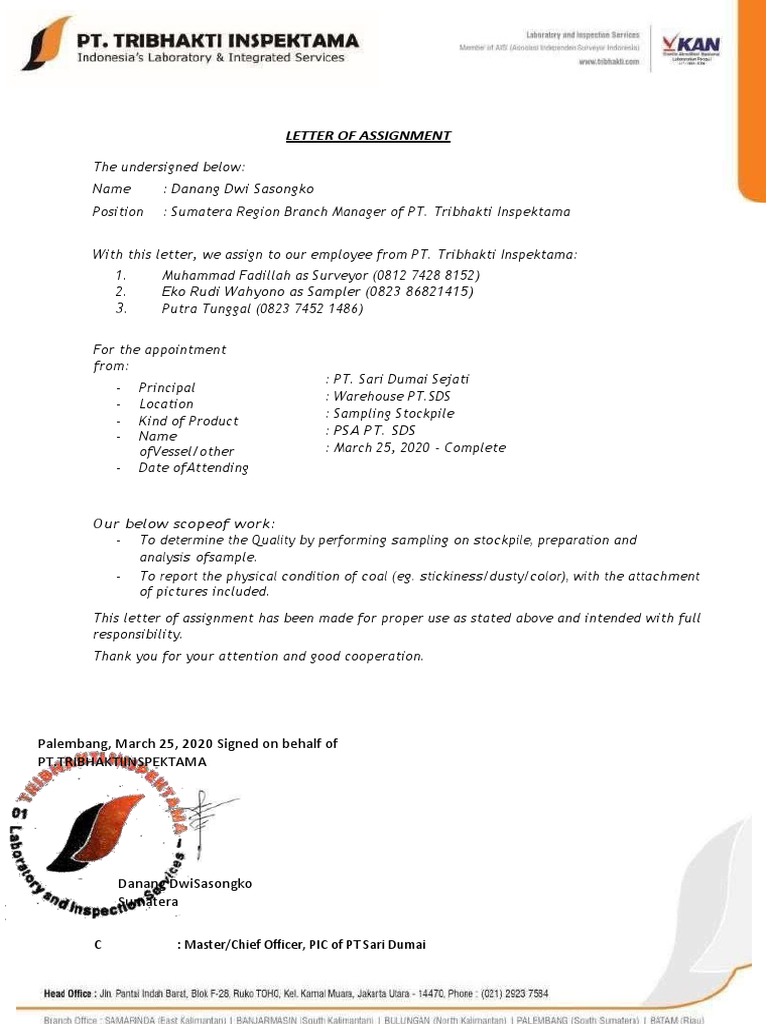 Letter of Assignment PSA PT. SDS | PDF
