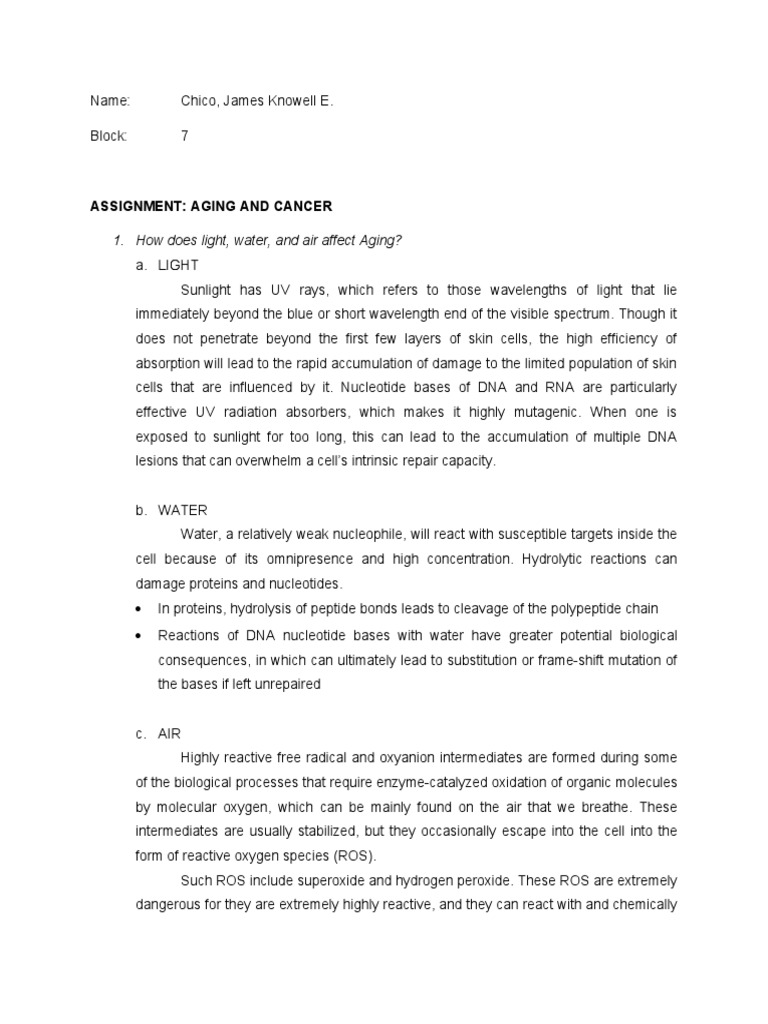 Aging and Cancer Assignment | PDF | Reactive Oxygen Species | Ultraviolet