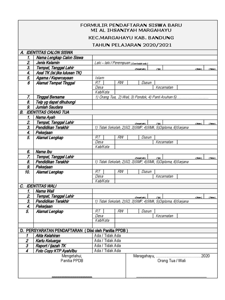 Contoh Formulir Pendaftaran Siswa Baru PPDB 2019-2020 | PDF