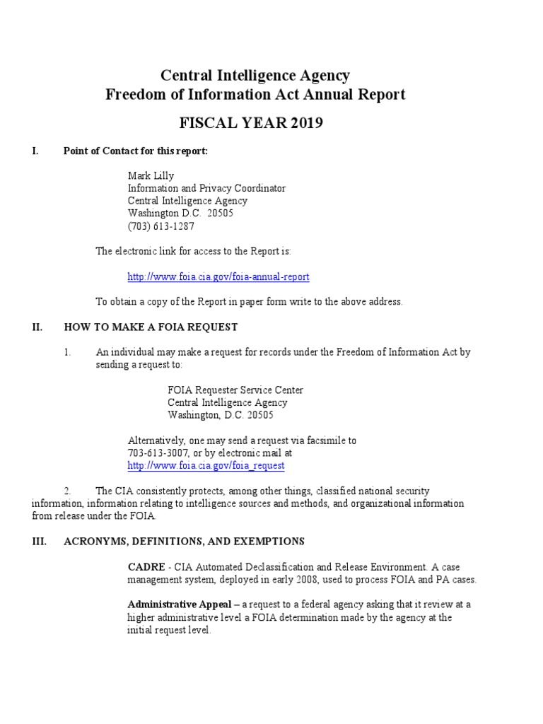 CIA FOIA Annual Report FY 2019 | PDF | Freedom Of Information Act ...
