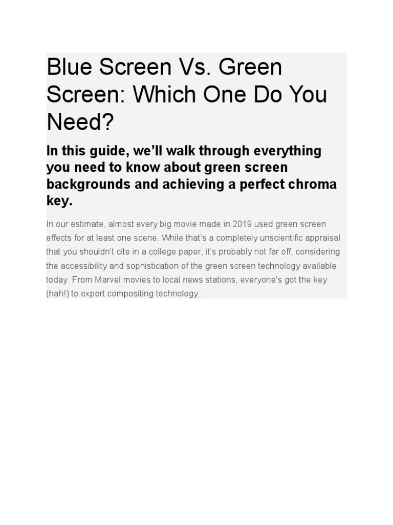 Blue Screen vs. Green Screen: Which One Do You Need? | PDF