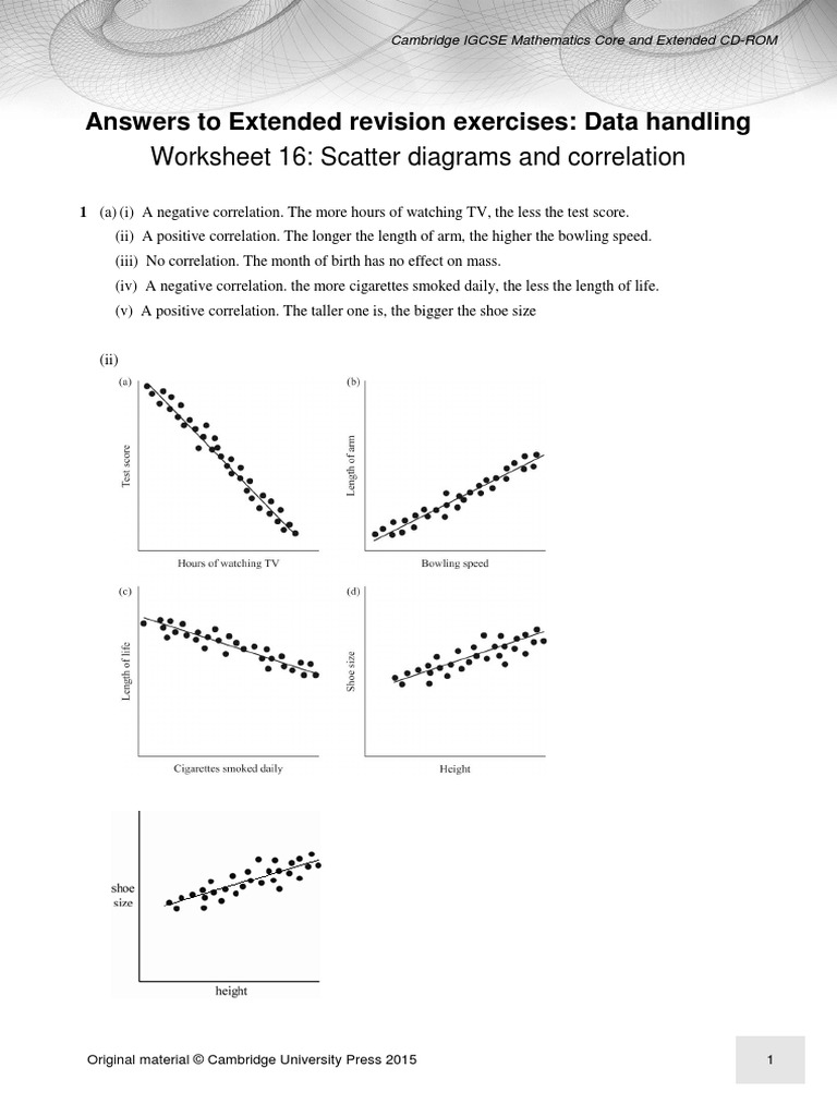 Worksheet 16: Scatter Diagrams and Correlation: Answers To Extended Revision Exercises: Data ...