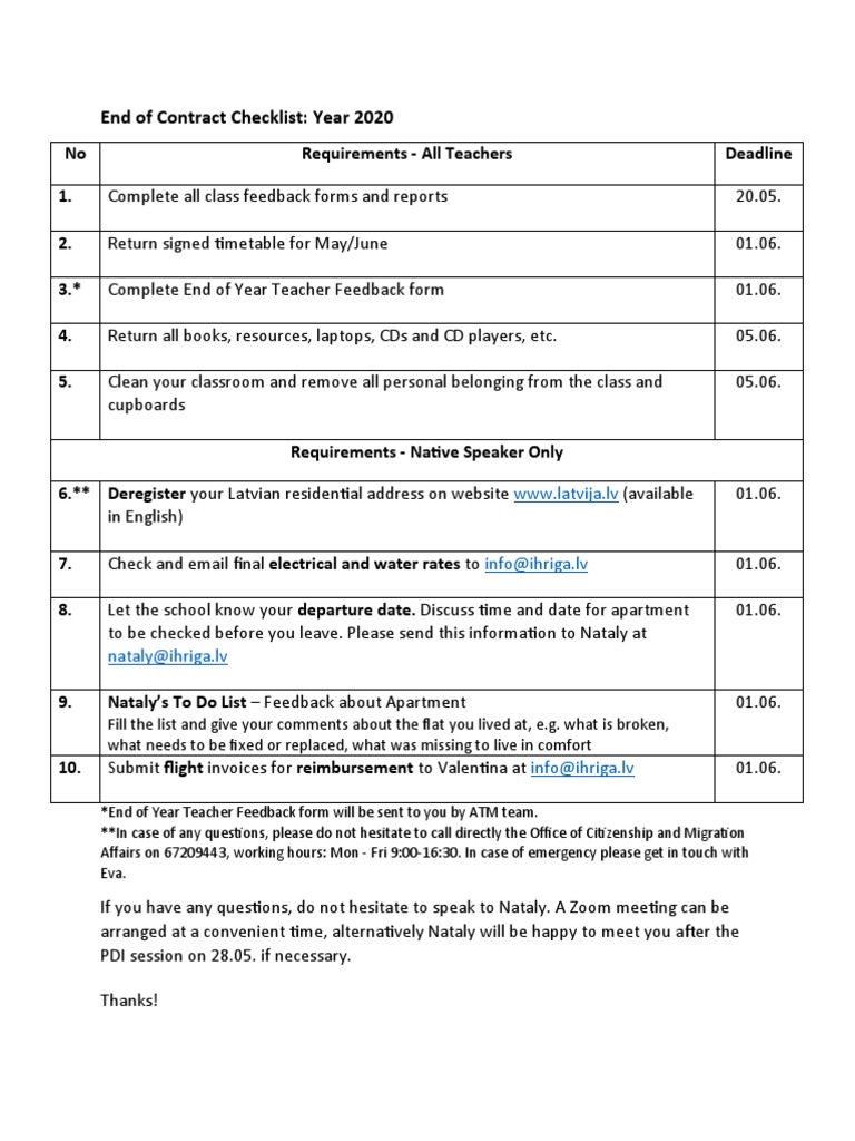 End of Contract Checklist for Teachers | PDF