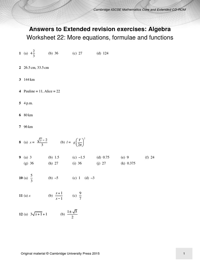 Worksheet 22: More Equations, Formulae and Functions: Answers To ...
