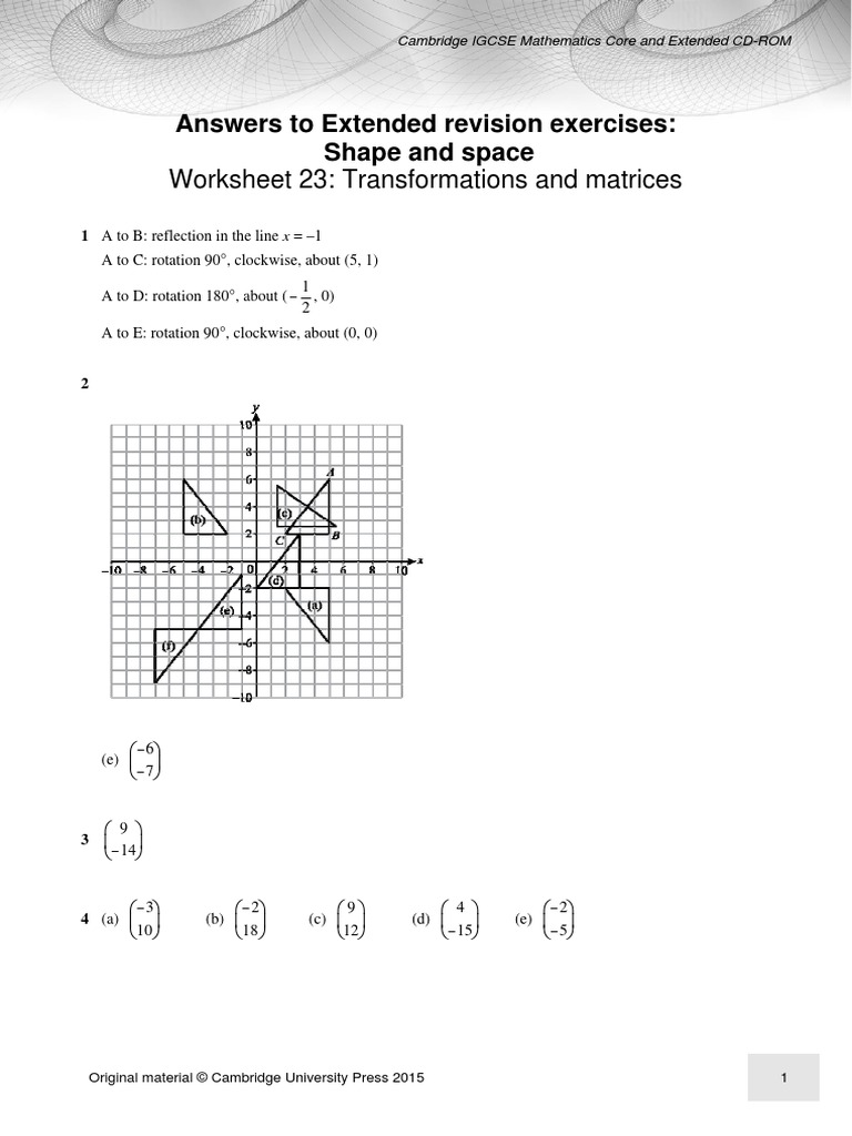 Worksheet 23: Transformations and Matrices: Answers To Extended ...