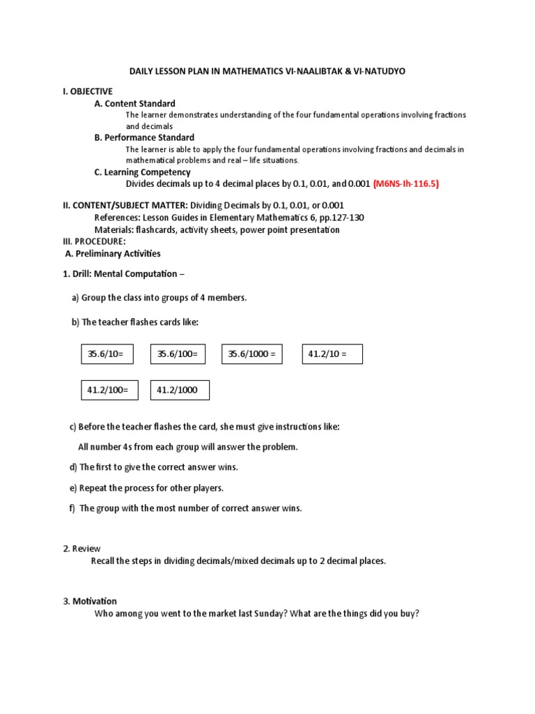Dividing Decimals Lesson Plan | PDF | Flashcard | Lesson Plan