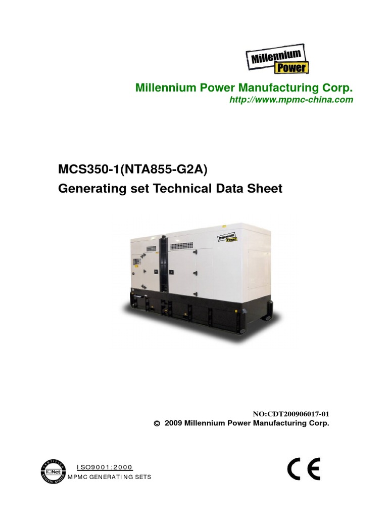 MCS350-1 (NTA855-G2A) Generating Set Technical Data Sheet: Millennium ...