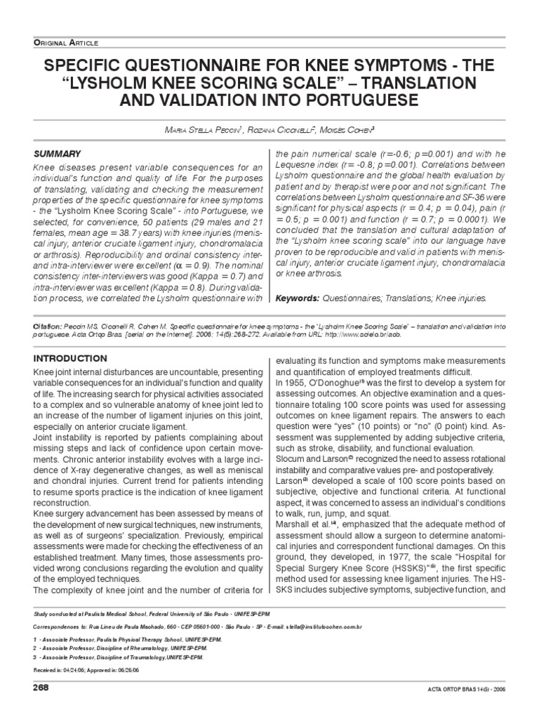 Questionnaire Échelle Subjective Lysholm Gilquist | PDF | Knee ...