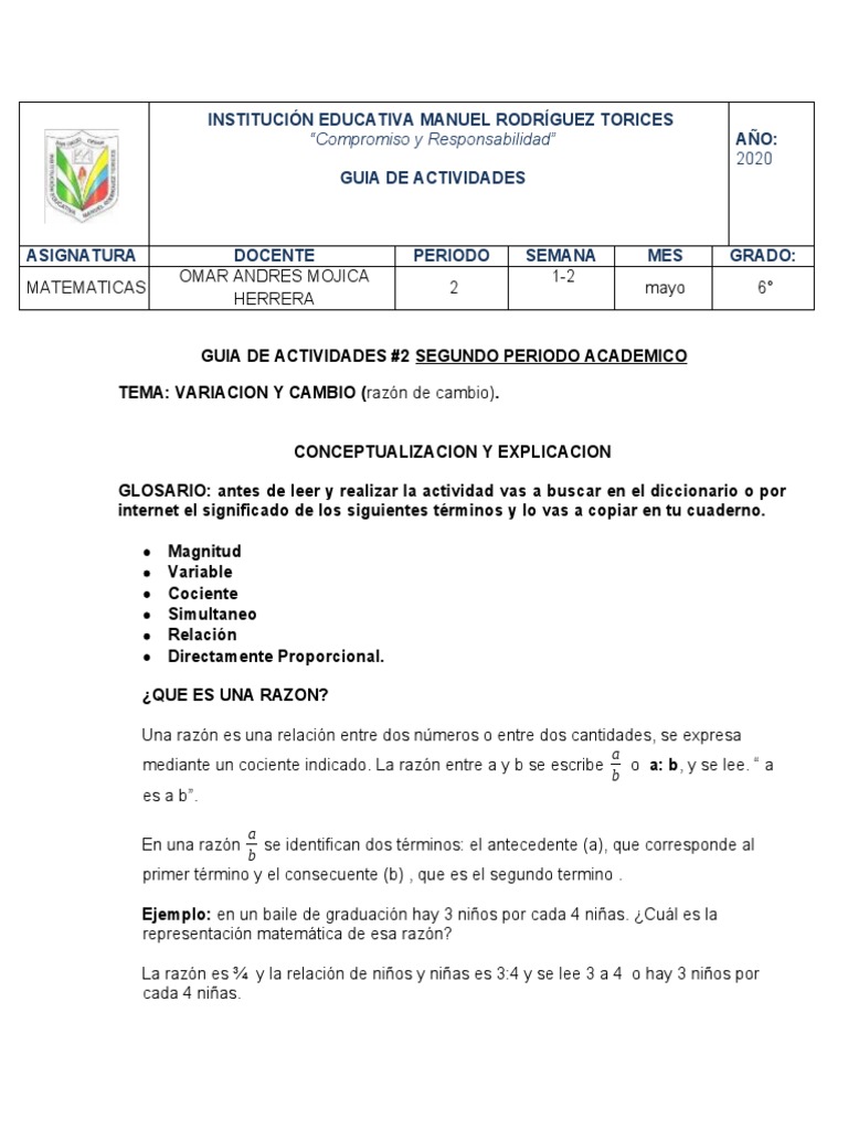 Actividades Grado Sexto Prof. OMAR MOJICA (4) Razon de Cambio | PDF ...