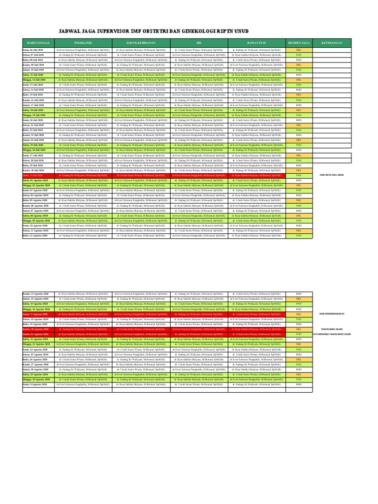 Jadwal Jaga RSPTN 4 Stase SPV Juli - Agustus | PDF