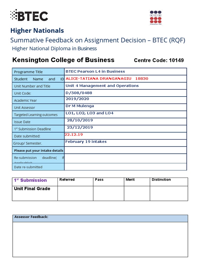 Summative Feedback On Assignment Decision - BTEC (RQF) : Higher ...