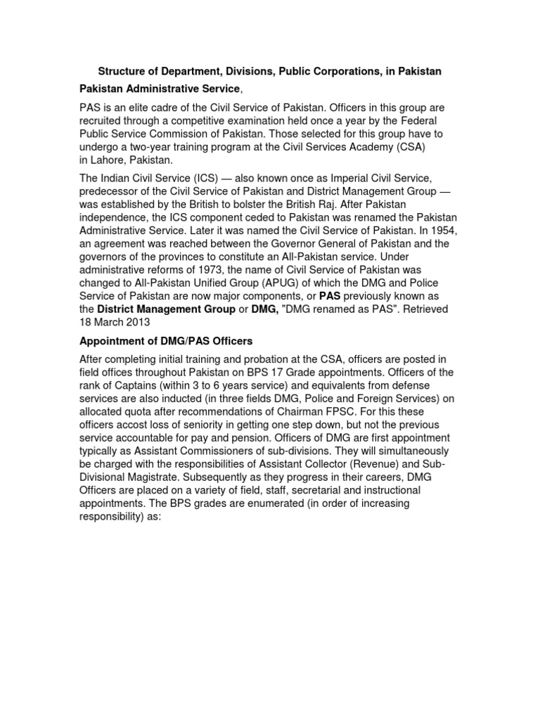 Structure and Hierarchy of the Civil Bureaucracy in Pakistan: An ...