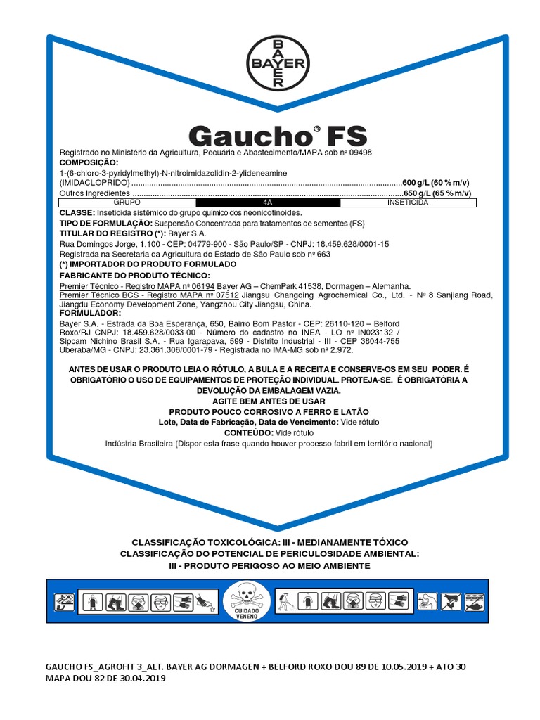 Bula do Inseticida Gaucho FS | PDF | Embalagem e rotulagem | Queimadura