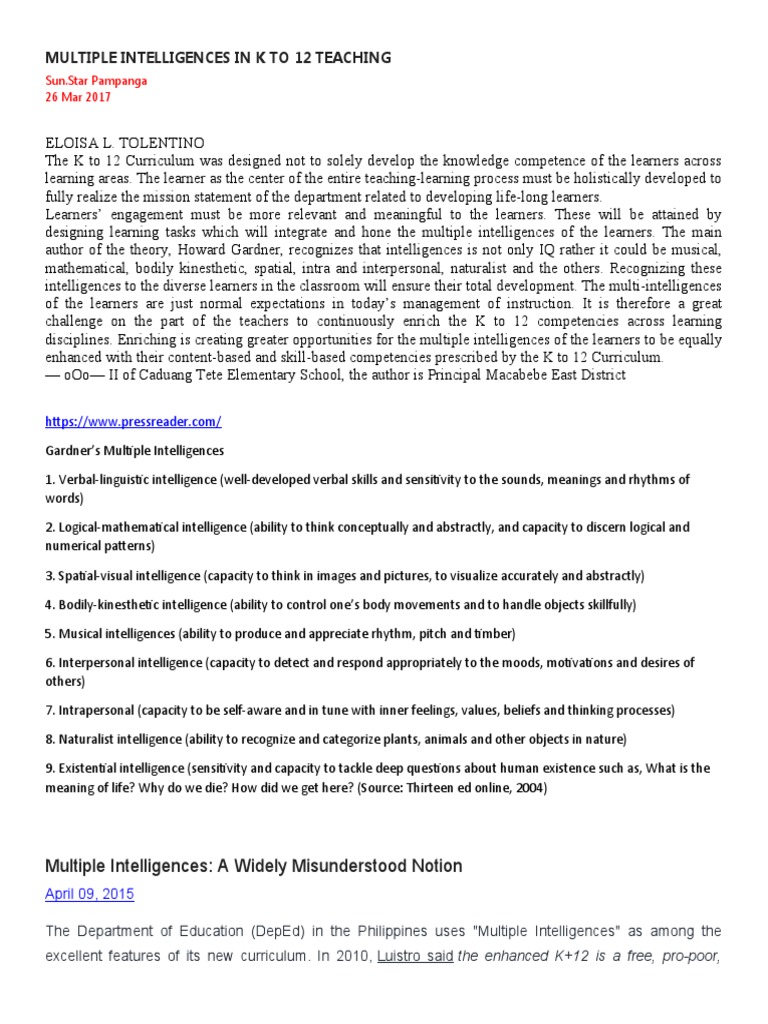 Multiple Intelligences in K To 12 Teaching | PDF | Intelligence ...